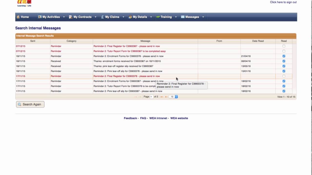 WEA Tutor Portal Guide - Messages