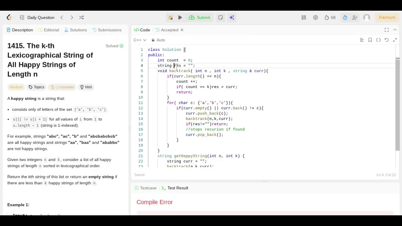 Daily leetcode problem no 1415 in Python, C++, Java, JavaScript, C 