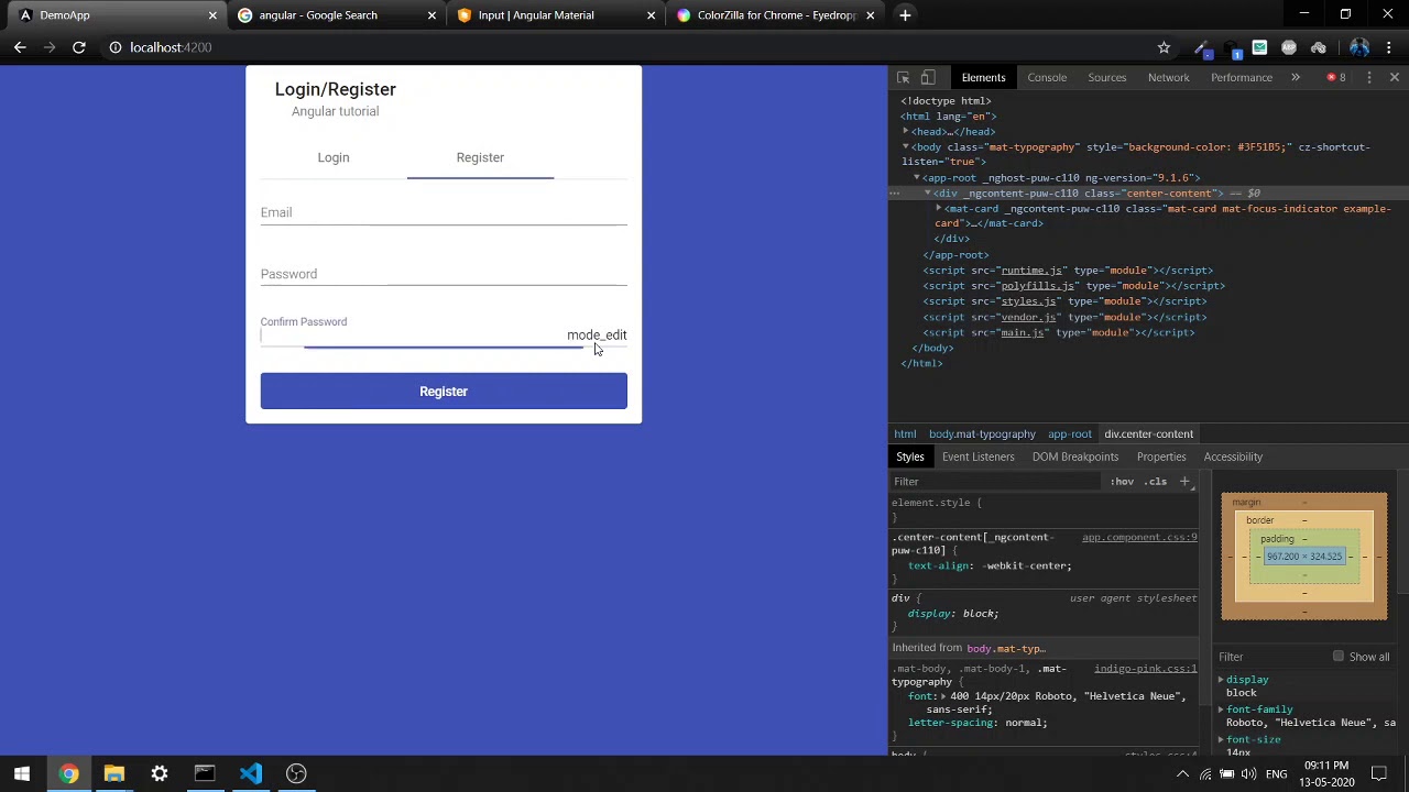 Login Register Angular 9  with Angular Material Design 3/4