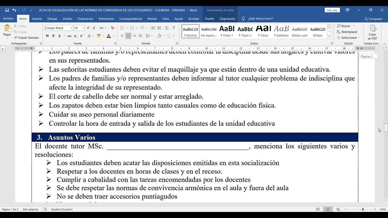 COLMENA: MINUTES OF THE SOCIALIZATION OF THE RULES OF COEXISTENCE TO STUDENTS 2025-2026