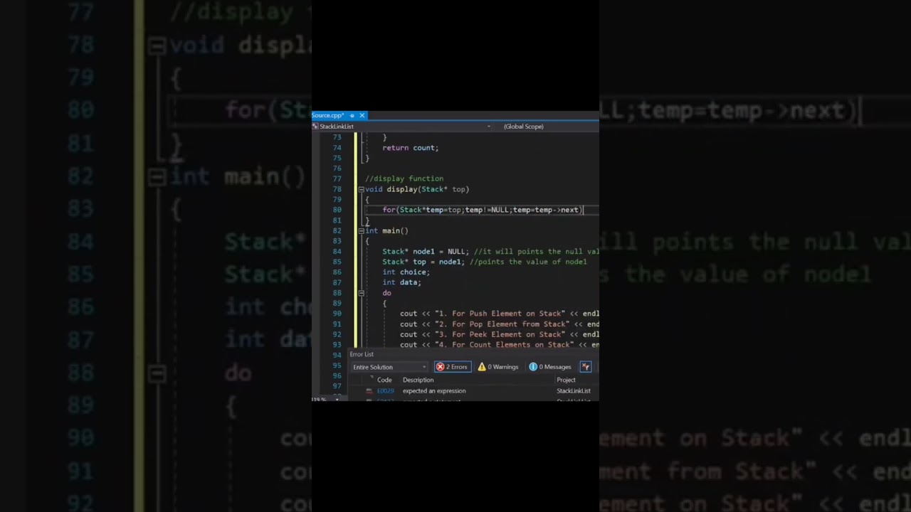 stack Implementation using LinkList #coding #cpp #dsa