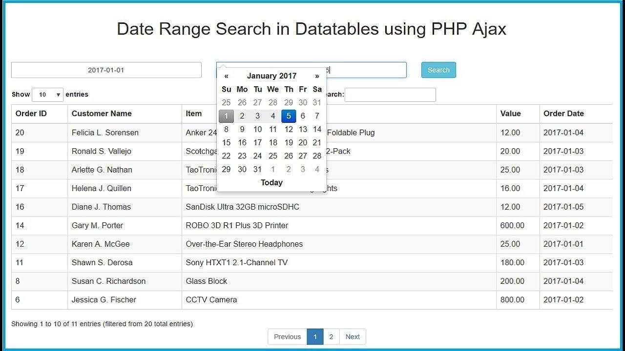 Date Range Search in Datatables using PHP Ajax