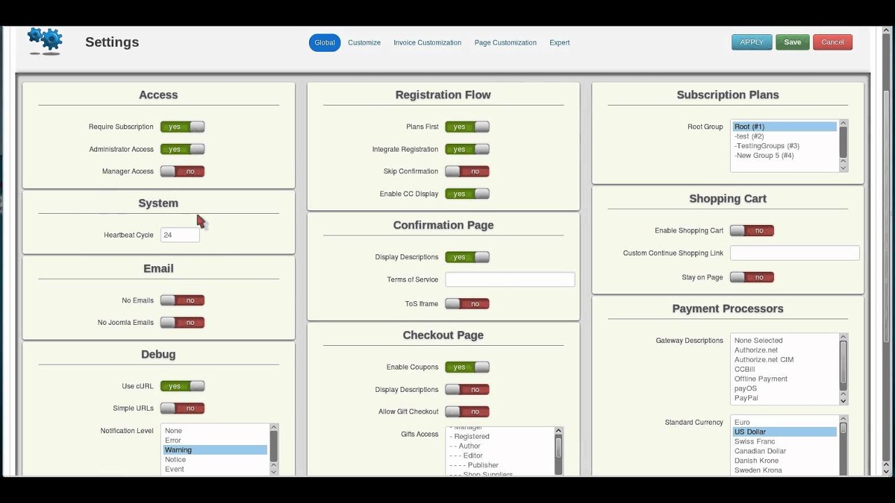AEC Settings Part 1 - Global Settings Tab: Access, System, Email, Debug