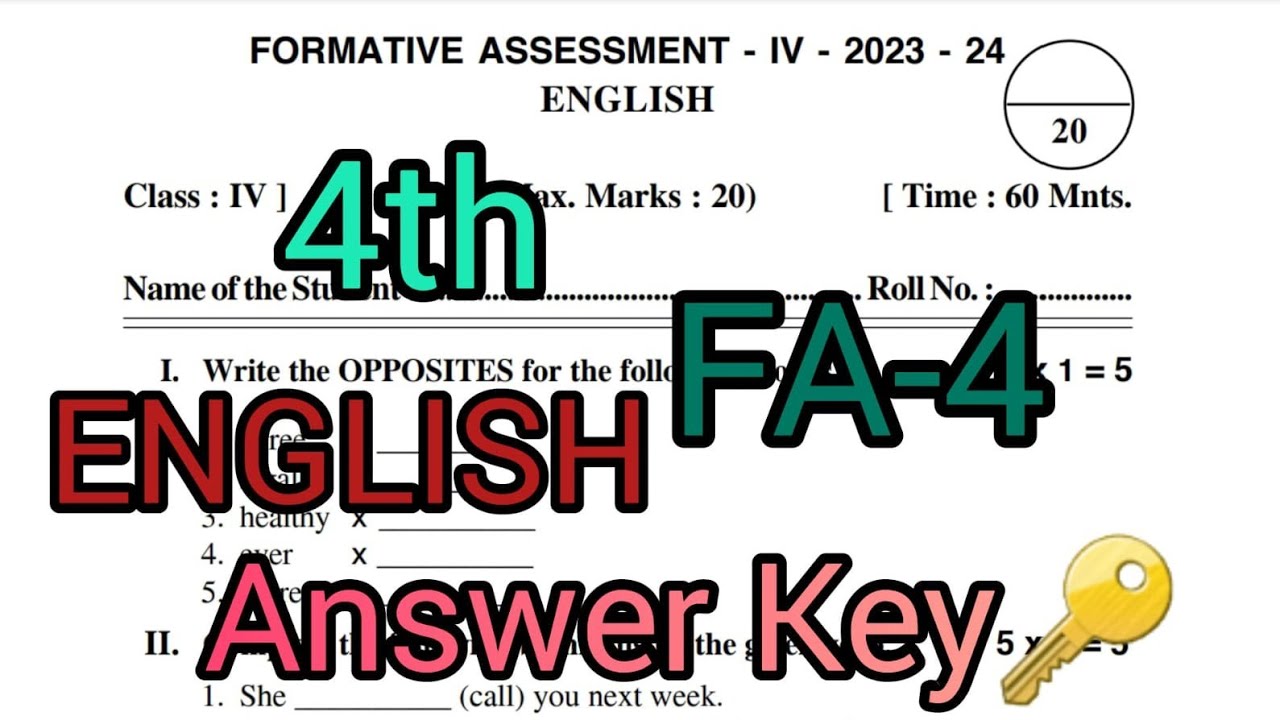 FA-4 ENGLISH 4th Class 💯 Reql Question Paper with Answer Key 🗝️🔐| CLASS 4th 💯 ENGLISH Answers key 🔐
