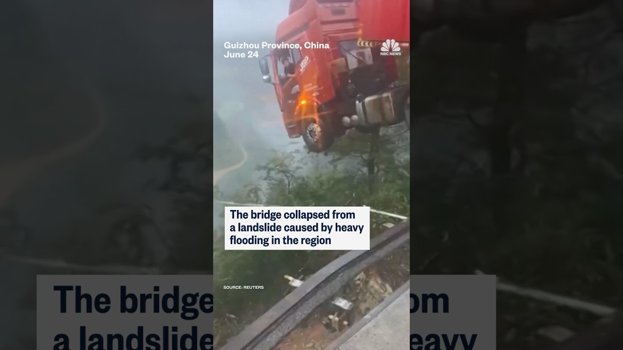 A truck with the driver still inside hangs over the edge of a collapsed bridge in southern China
