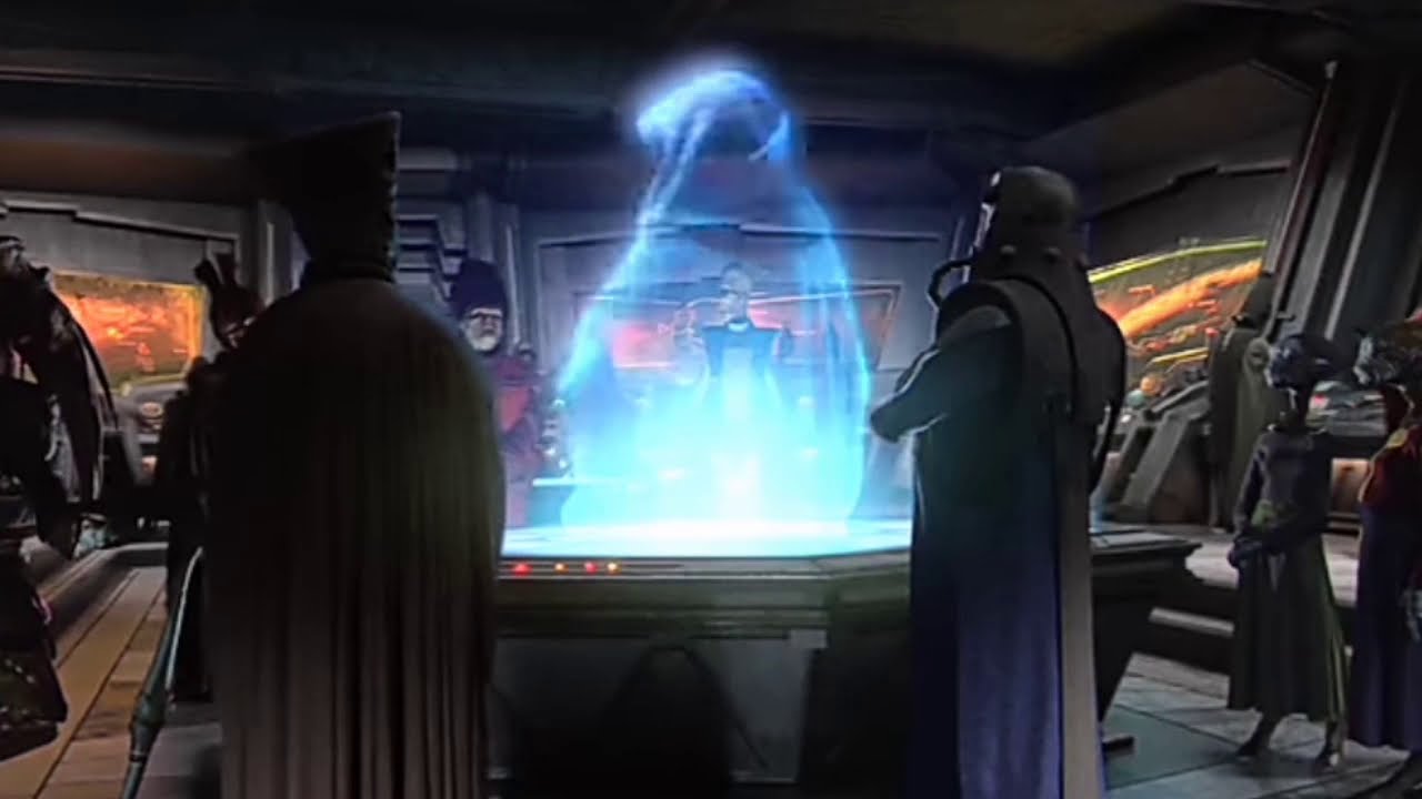 Darth Sidious speaks with the Separatist Council