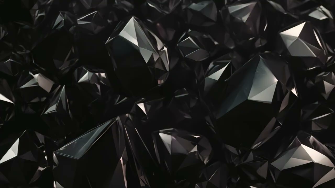3d rendering of a pile of black diamond shapes on a black background, abstract black crystal