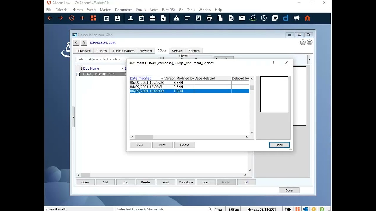 AbacusLaw Enhanced Document Management: Viewing Document History