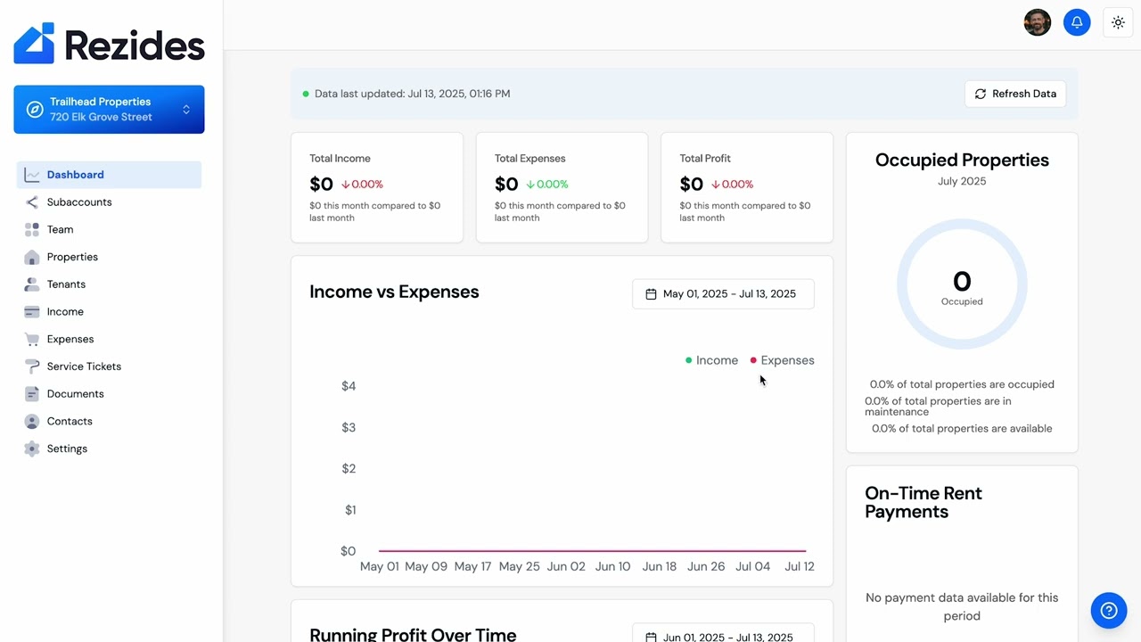 Rezides Landlord Portal Dashboard