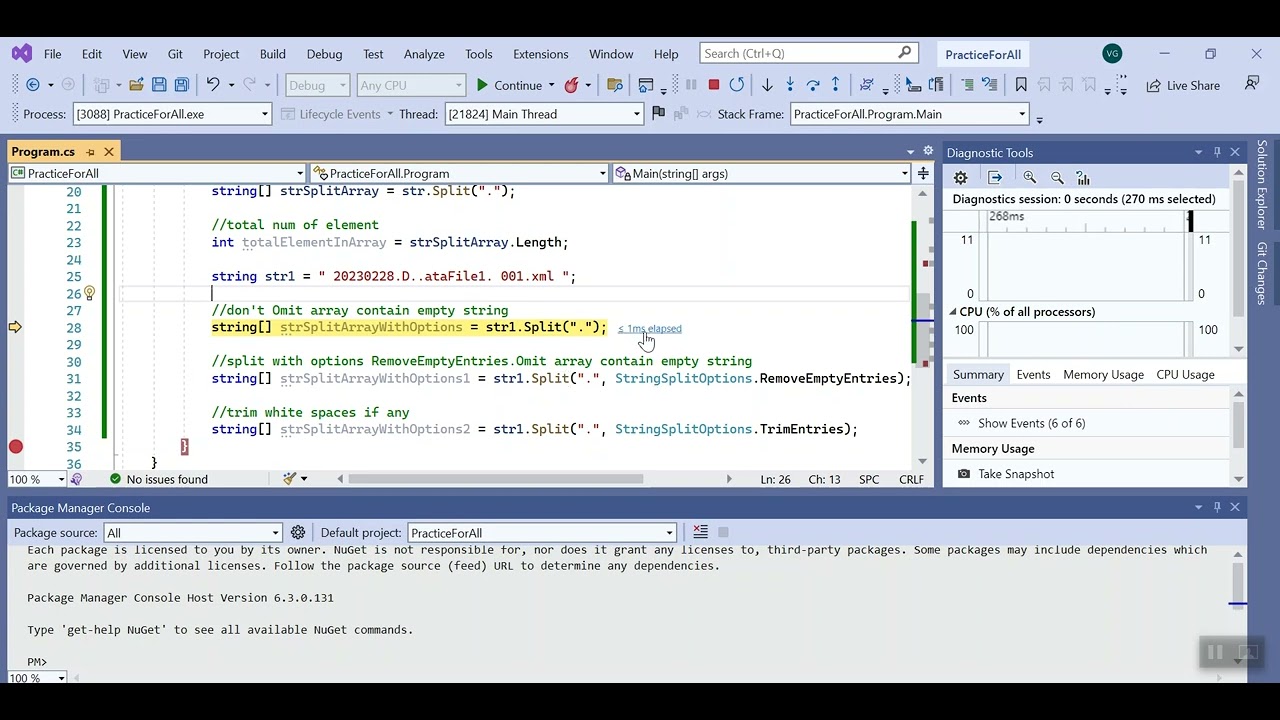 Split string into array | StringSplitOptions | Split | length | substring  c# dotnet