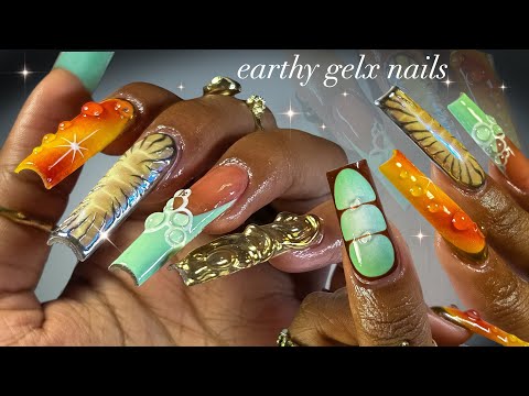 Earthy GelX Nails!🌿🍄‍🟫✨| simple gelX application + unique nail art!✨