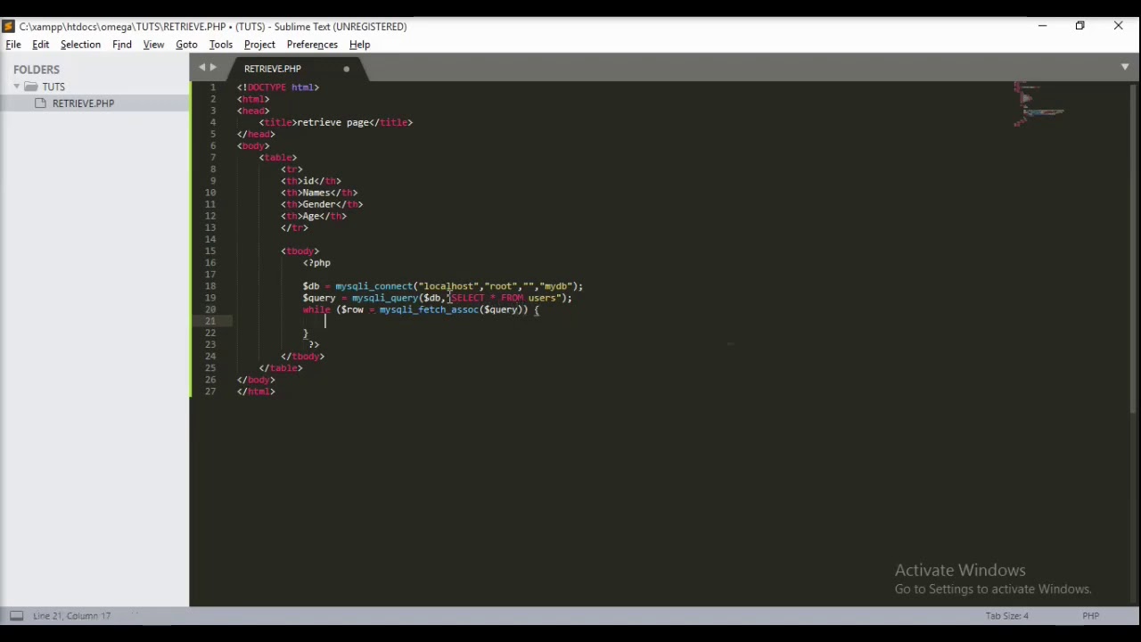 How to retrieve data from database using SQL and PHPwith XAMPP