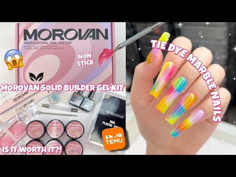 TRYING MOROVAN NON STICK SOLID BUILDER GEL KIT FROM TEMU | USING DUAL FORMS TIE DYE MARBLE NAILS