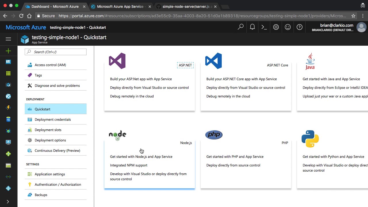 Connecting Node.js Source Code to Azure from GitHub