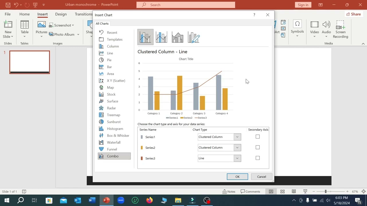 How to insert combo chart  in microsoft powerpoint slide