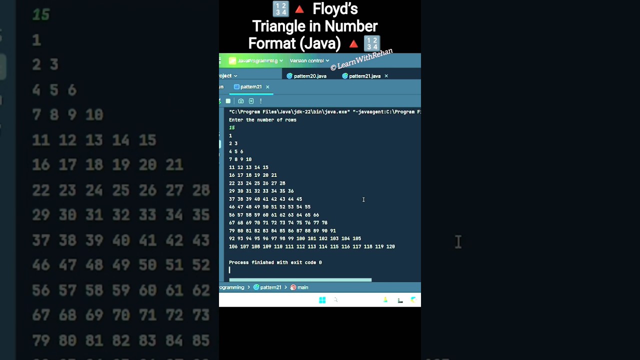 Floyd’s Triangle in Java | Number Format Pattern Printing | LearnWithRehan#java#coding #pattern