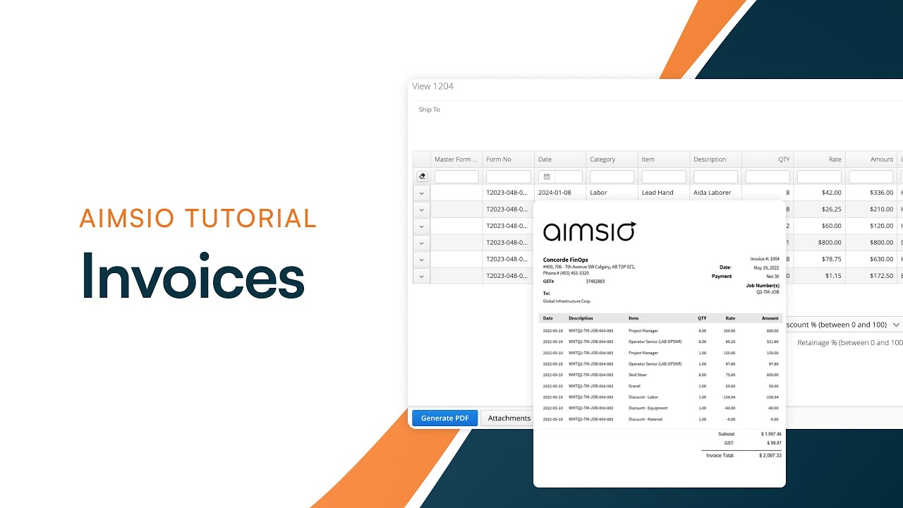 Aimsio Invoices: PDF Templates, Retainage and more.