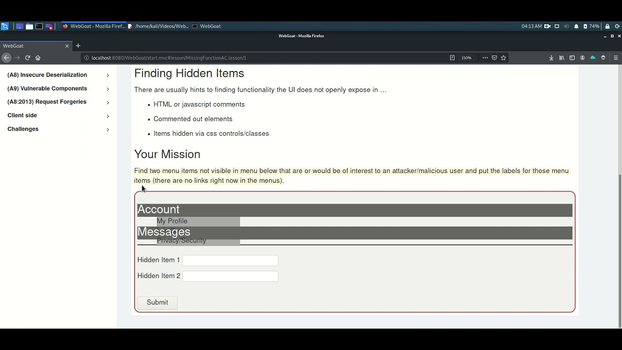 WebGoat 8 - Missing Function Level Access Control   Relying on Obscurity