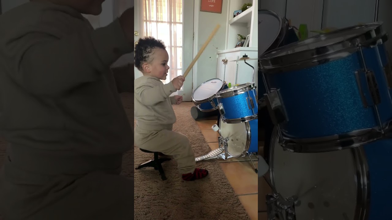 Luca jammed so hard we had to upgrade his drum kit! He’s digging his new blue drums!