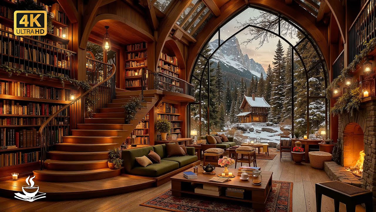 Cozy Jazz in a Winter Library with Mountain View ❄️ Relaxing Jazz Background Music for Focus & Calm