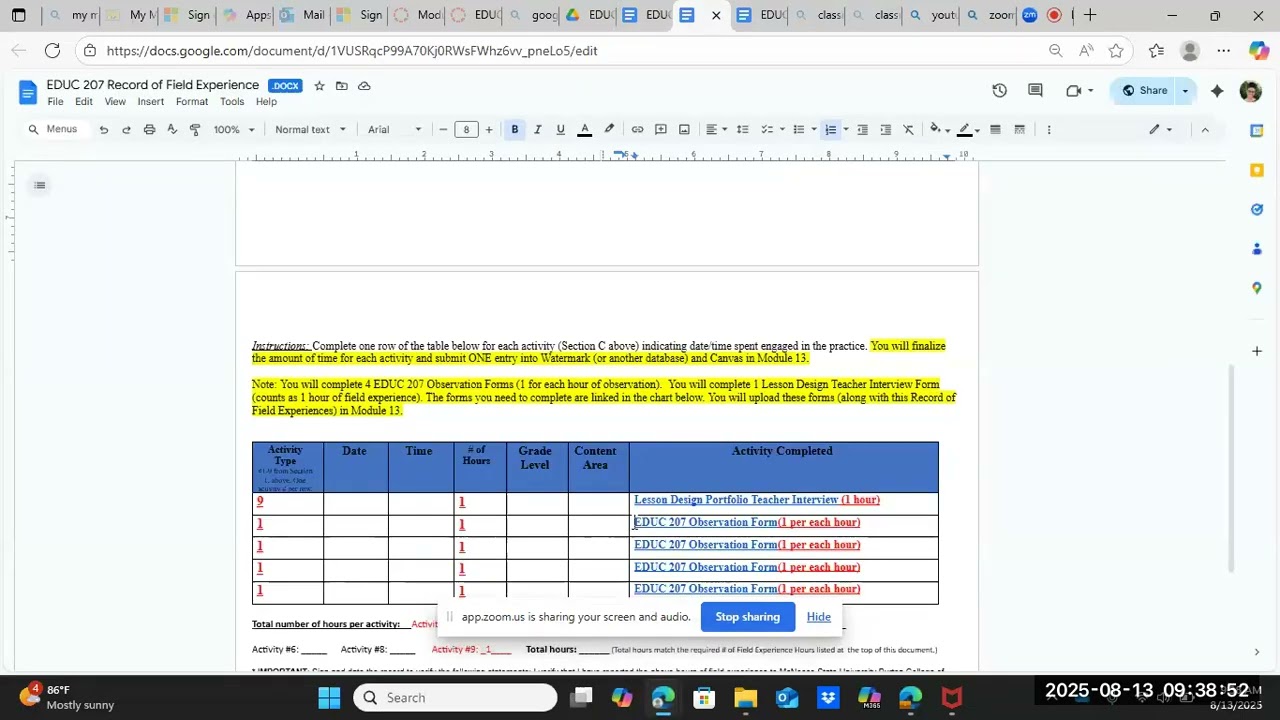 EDUC 207 Field Experience/Observation Hours Overview