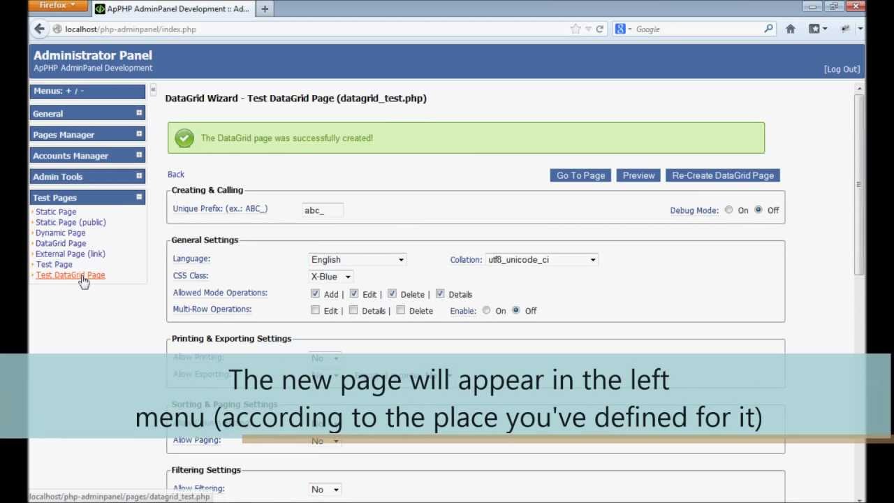 ApPHP AdminPanel. Creating DataGrid Pages with Wizard.