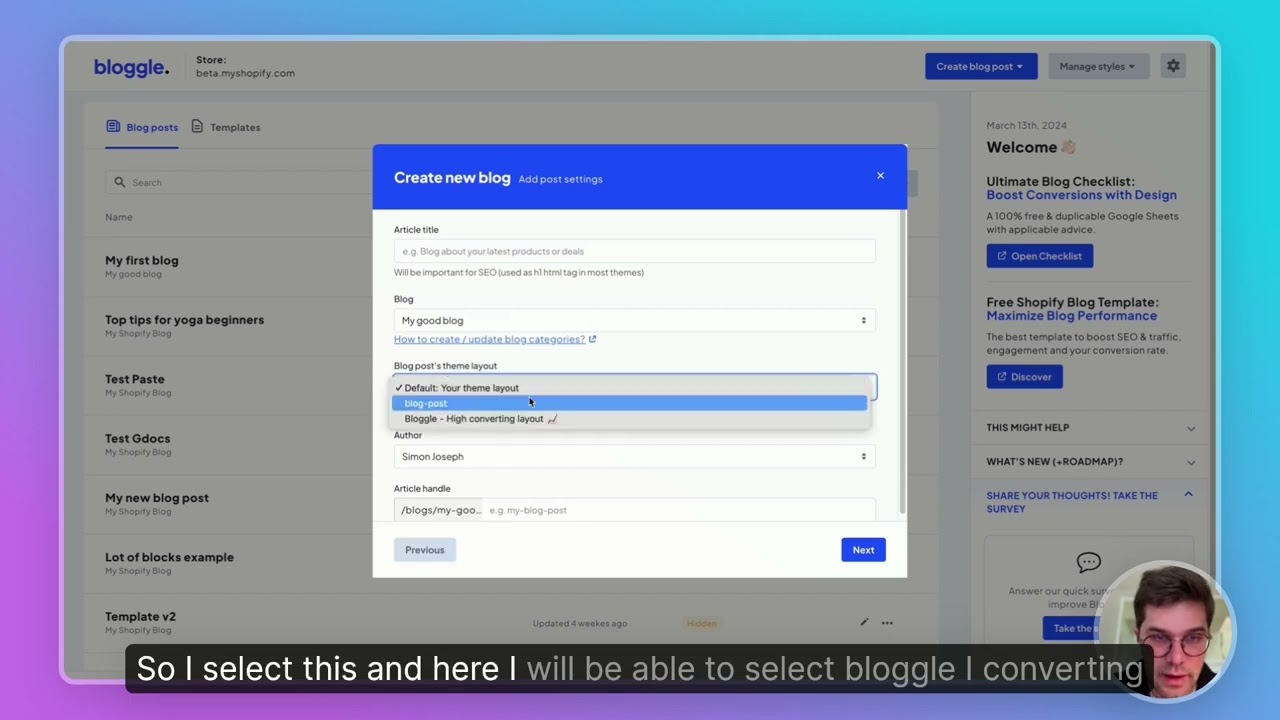 Apply the Bloggle layout to a blog post