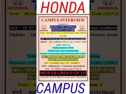 Honda कंपनी में बड़ी सीधी भर्ती 2022 Campus || Honda Job Vacancy 2022 || #munnabhaiiti