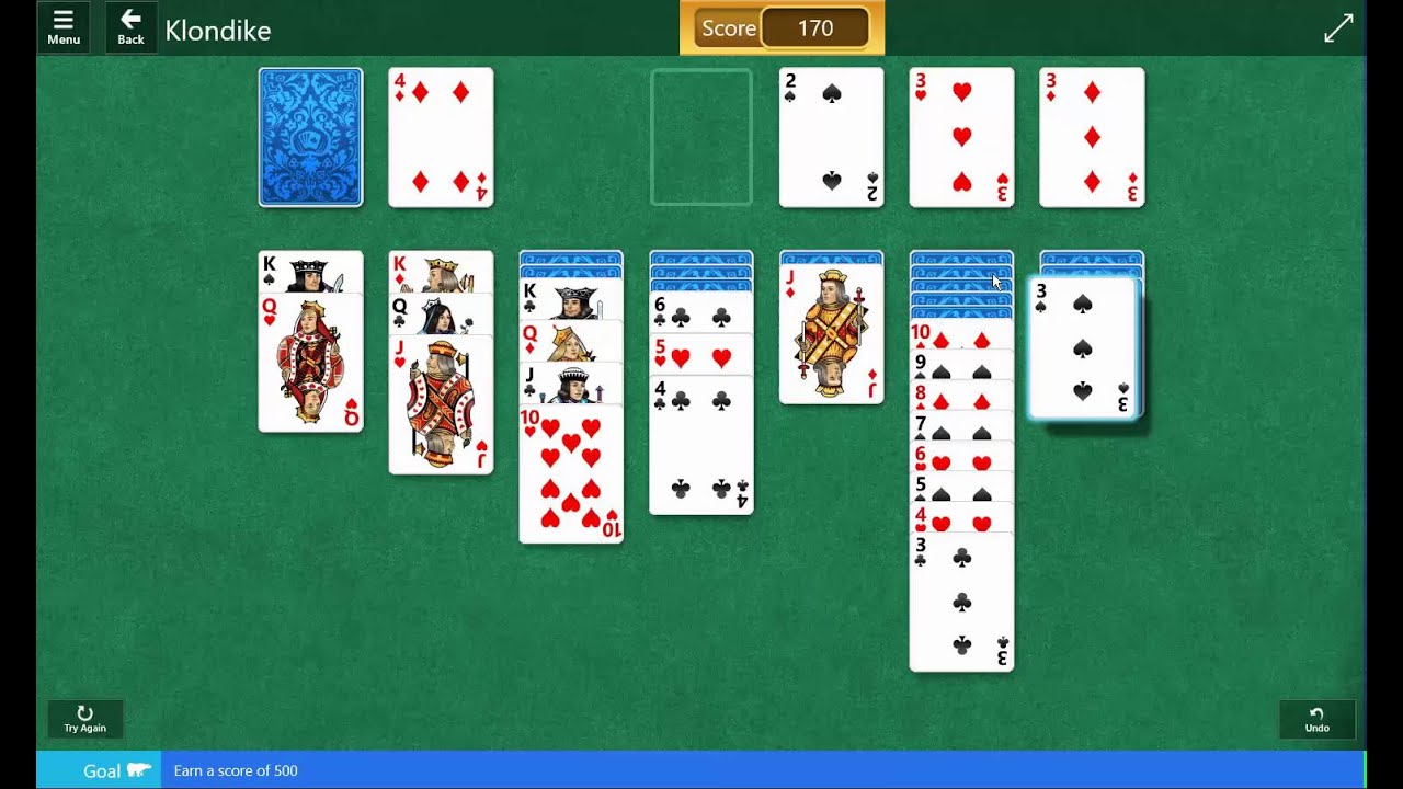 MS Solitaire - Playing a Hard level classic Klondike Score Challenge