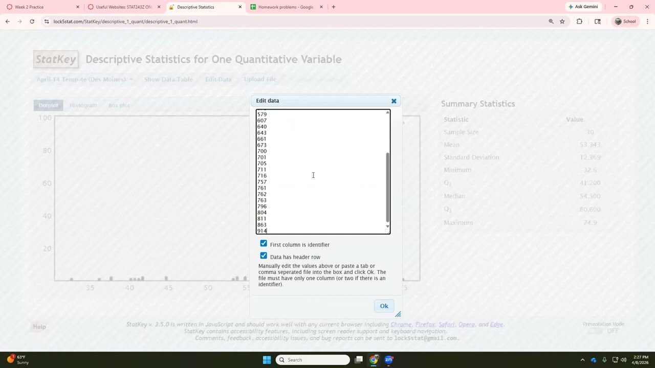 STAT243 StatKey Summary Statistics