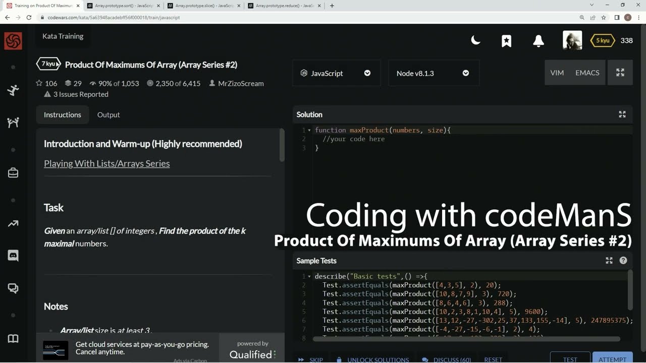 Codewars 7 kyu Product Of Maximums Of Array (Array Series #2) JavaScript