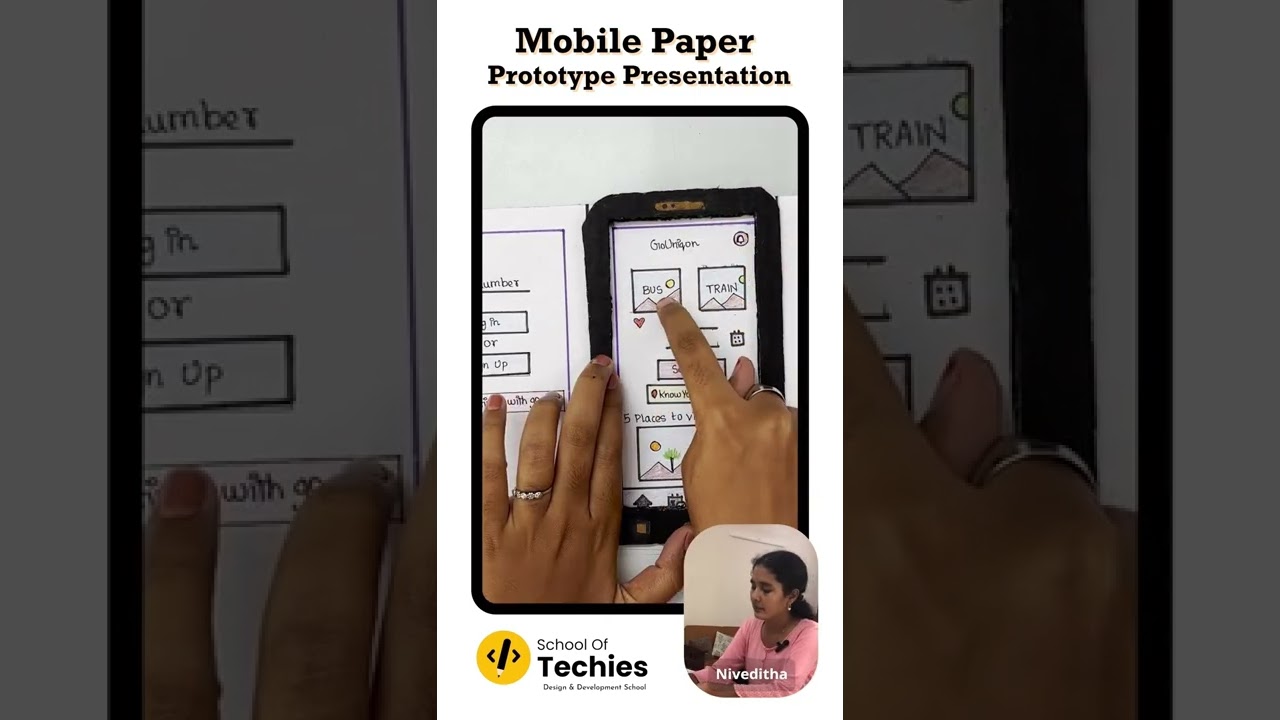 Glimpse of UX student explaining Paper Prototype @schooloftechies