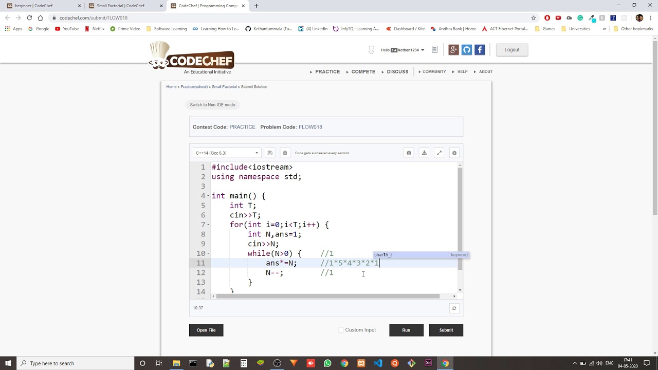 CodeChef - Beginner's problems in C++ : Small Factorial(FLOW018)