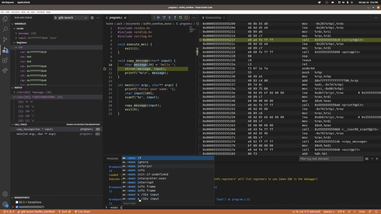 Buffer Overflow using Visual Studio Code & GDB