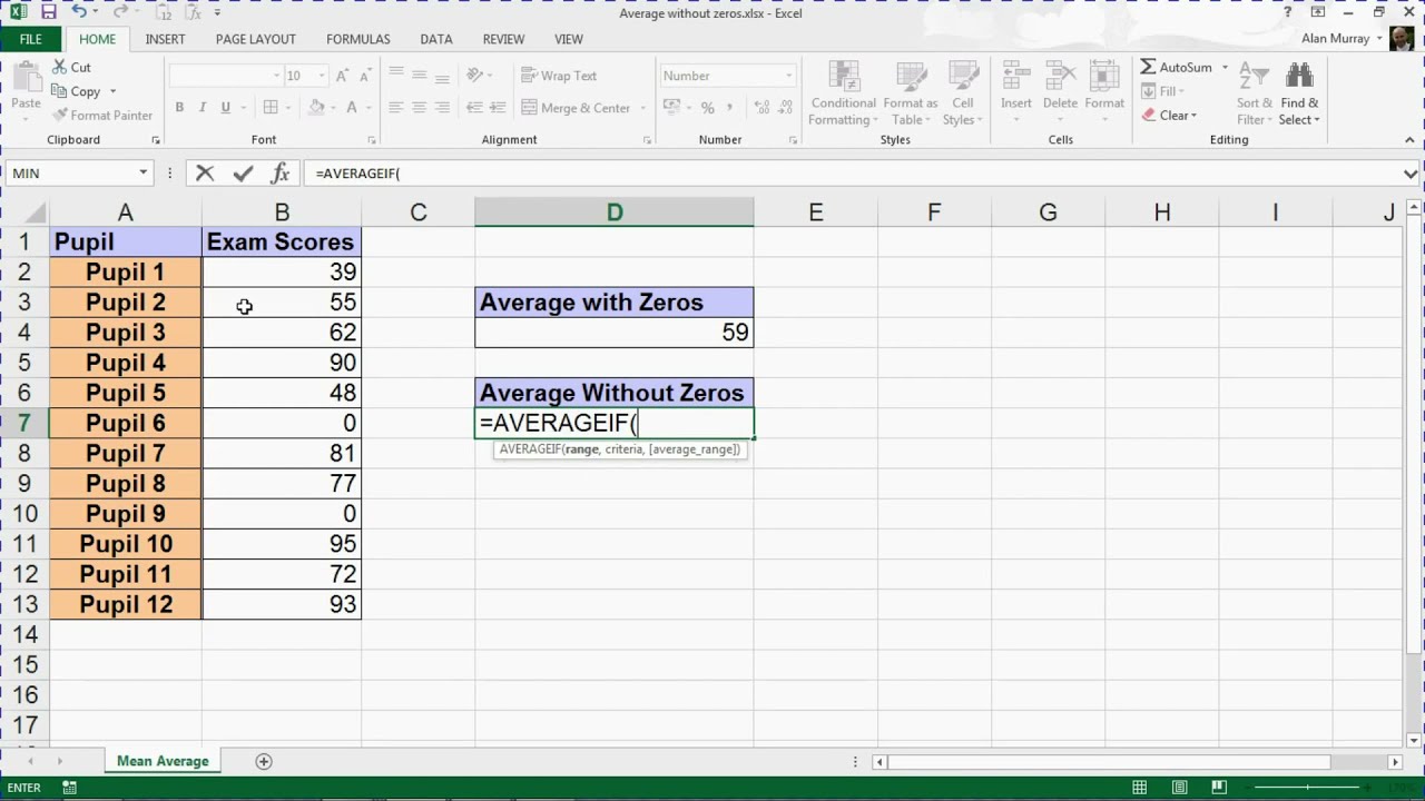 Calculate Average Excluding Zero - Excel AVERAGEIF Function