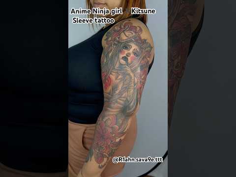 Anime Ninja girl and Kitsune mask Sleeve Tattoo #tattoo