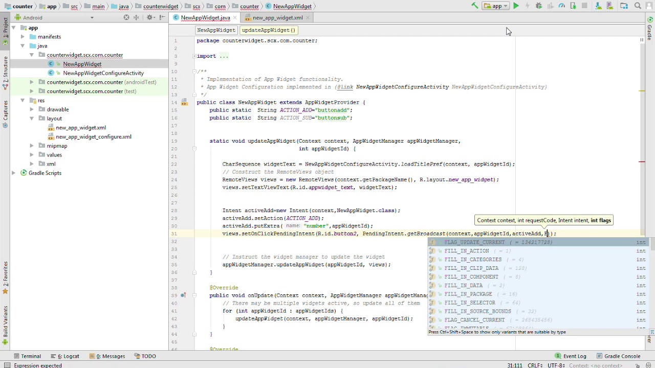 Android  Counter Widget Example (java tutorial Home Screen Widgets)