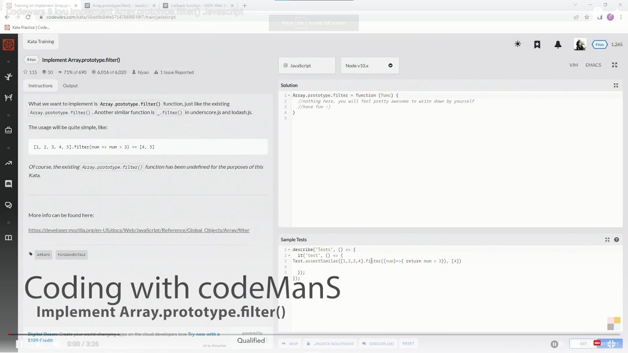 Codewars 8 kyu Implement Array.prototype.filter() Javascript