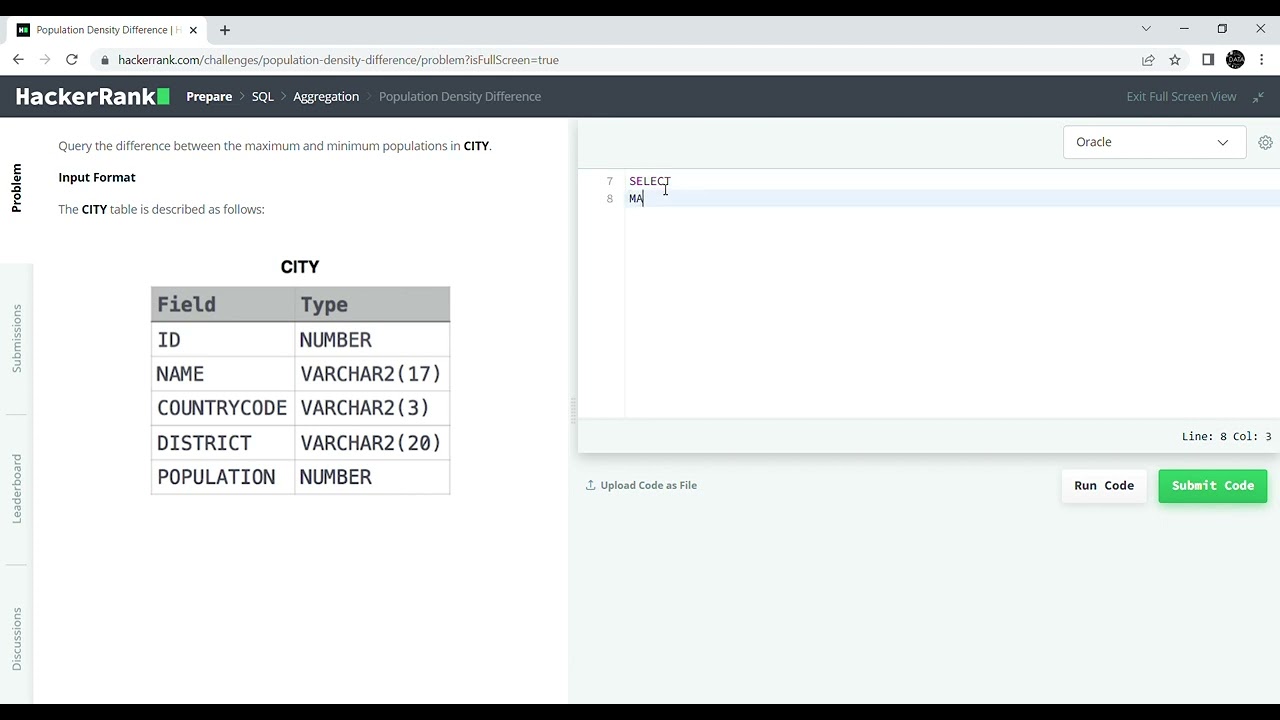 HackerRank SQL || Population Density Difference || SQL Learning