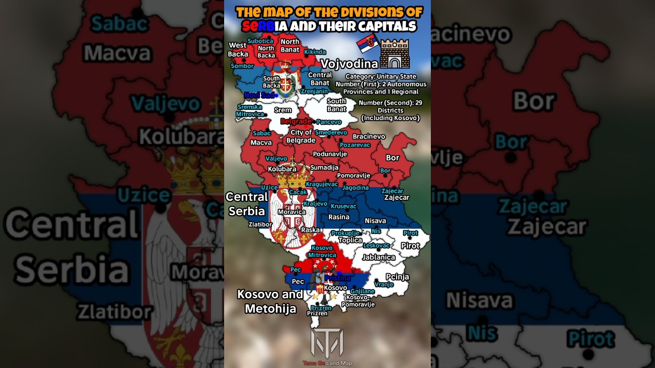The map of the divisions of Serbia and their capitals