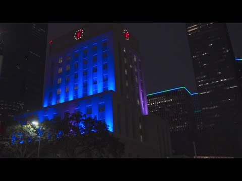 Downtown Houston lights go blue and yellow to show solidarity with Ukraine