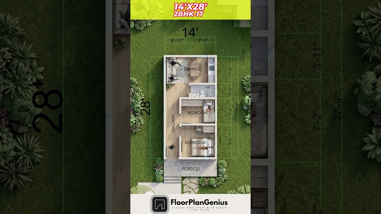 14x28 2BHK House Plan | Hand-Drawn Floor Plan & Furniture Layout