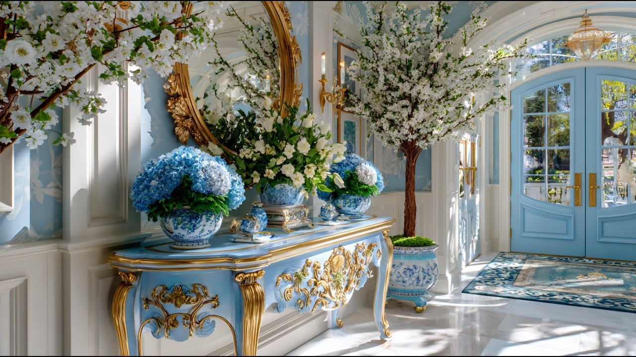 Martha Stewart Spring 2026 Chinoiserie Entryway | Sky Blue & Gold Filigree Elegance