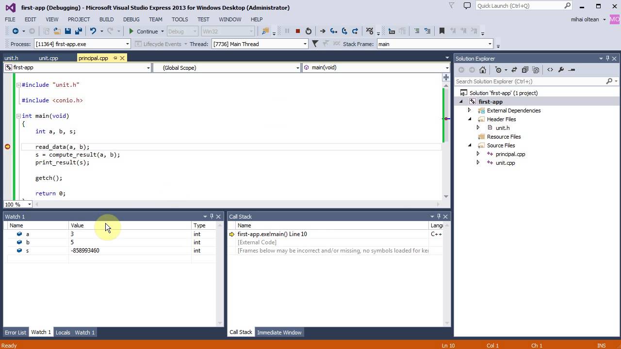 Debugging C/C++ applications in Visual Studio 2013