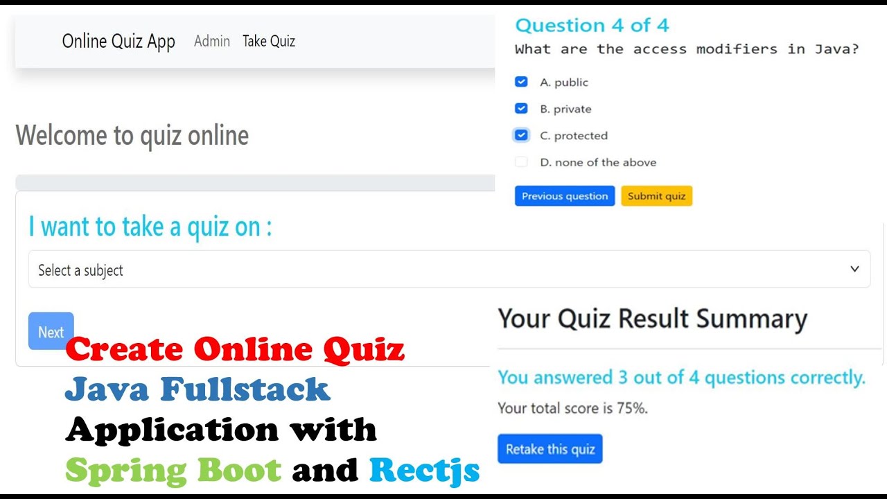Java Fullstack:  Create Online Quiz   Application with Spring Boot and Reactjs