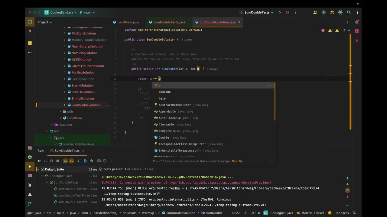 CodingBat Java | Warmup-1 Section | sumDouble Problem