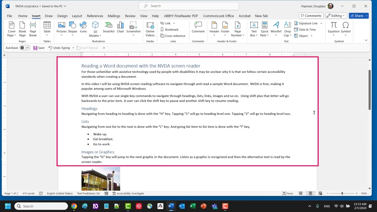 NVDA reading a Microsoft Word document