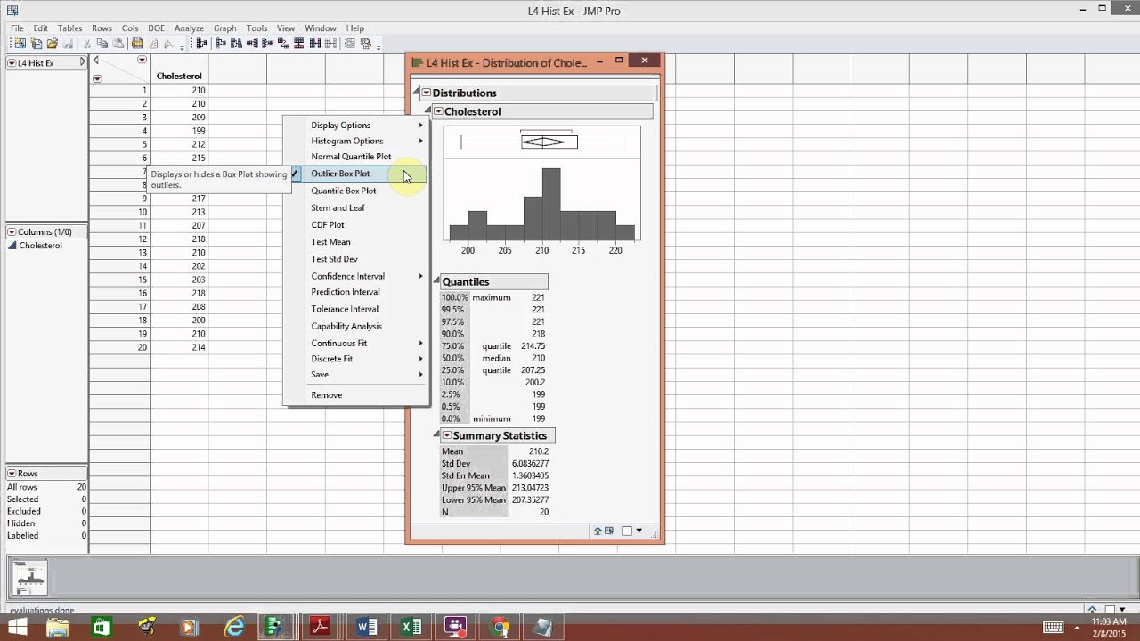 Histogram, Stemplot, and Summary Statistics in JMP