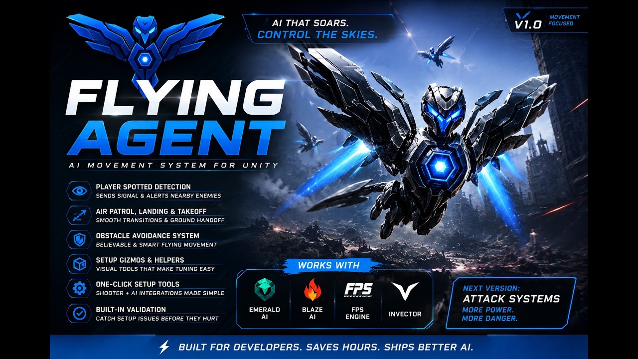 FlyingAgent for Unity — Make Ground AI Fly, Land, Detect & React