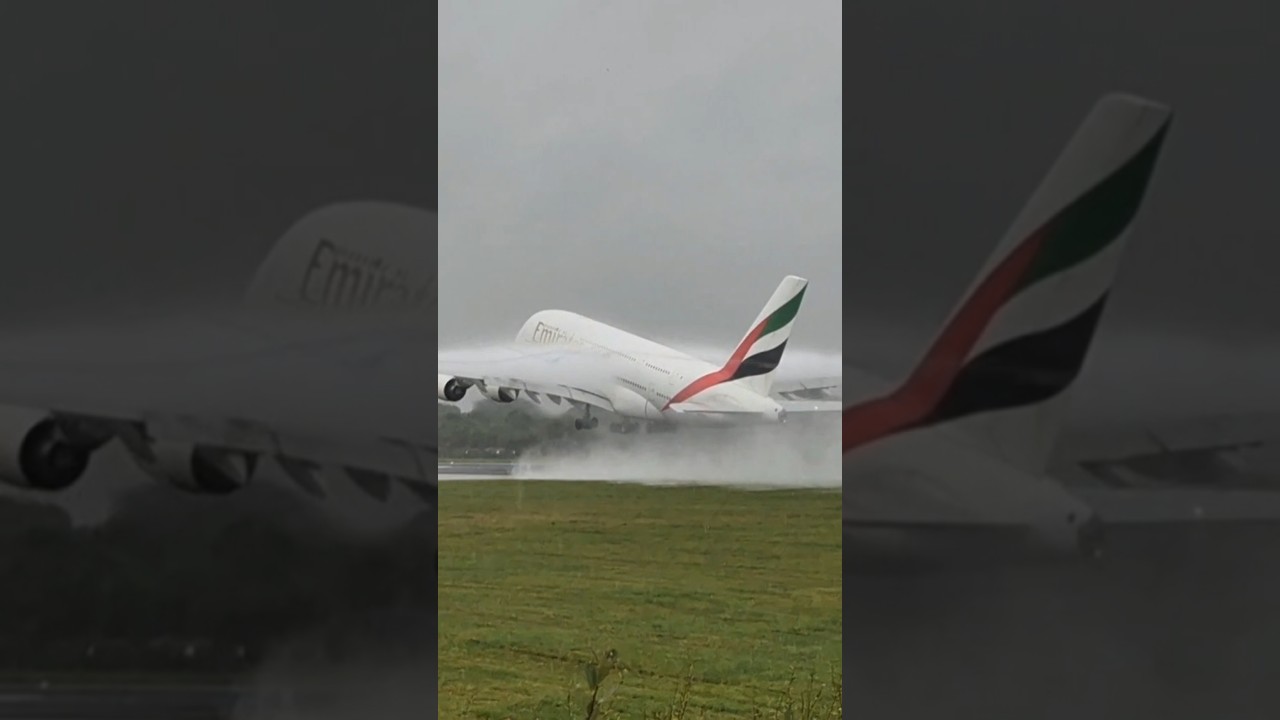 Emirates A380 Takeoff in a Heavy Rain Storm 🌧🌧 #emirates #a380 #manchester #storm #takeoff